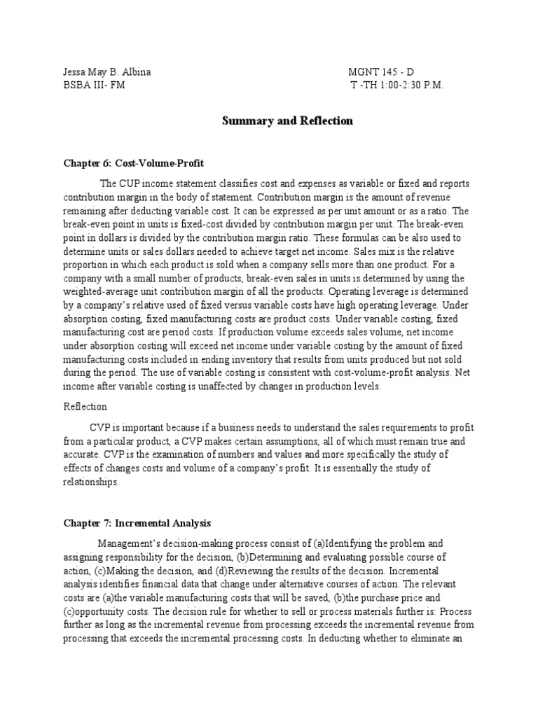 Summary and Reflection: Chapter 6: Cost-Volume-Profit | PDF | Cash Flow ...