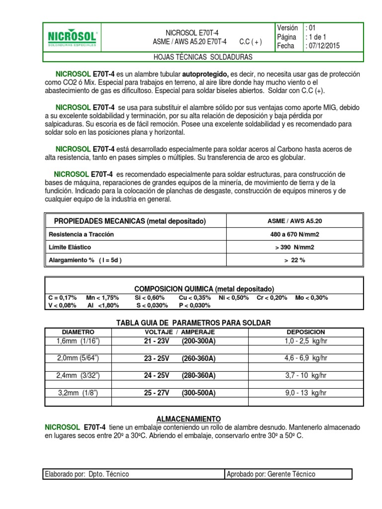 Alambre Tubular NICROSOL E70T-4 | PDF | Construcción | Soldadura