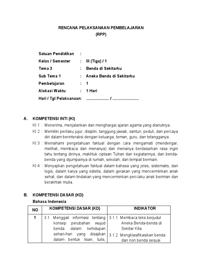 RPP Tema 3 Sub Tema 1 Pembl. 1 Kelas 3 | PDF