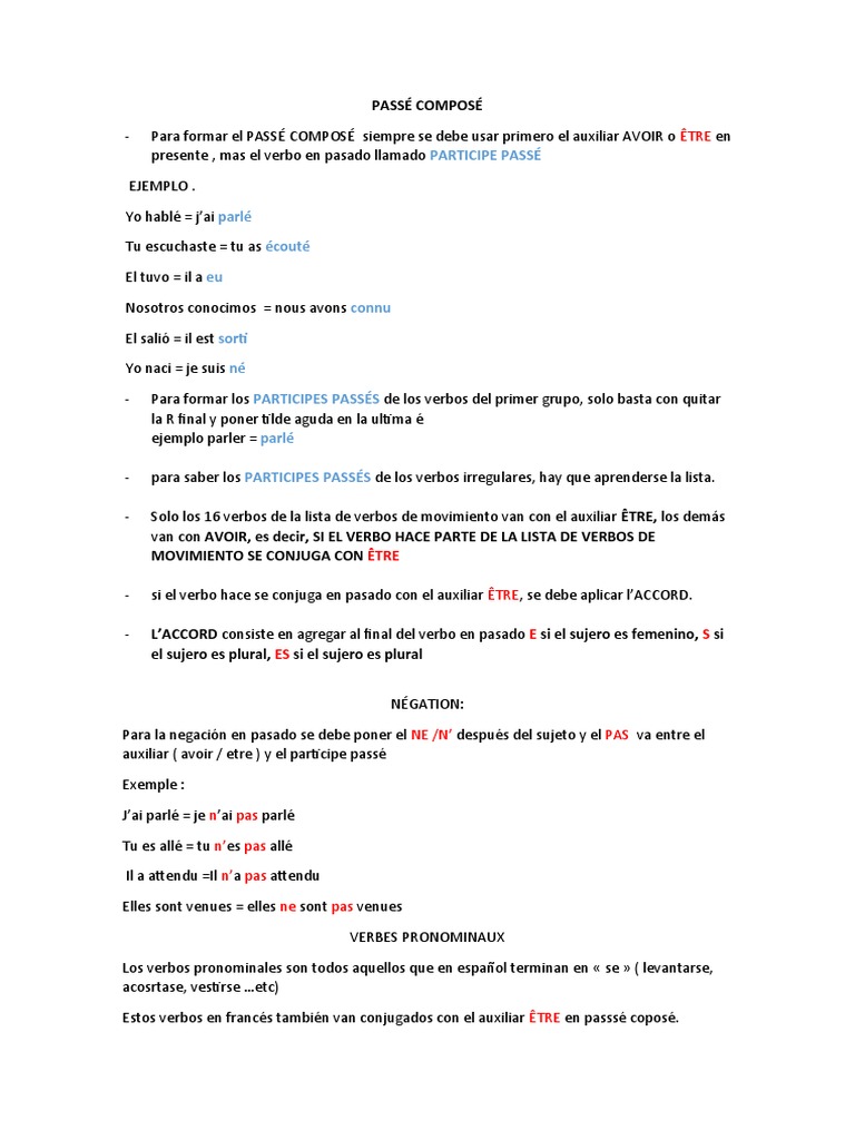 PASSE COMPOSE Negation Pronominaux | PDF