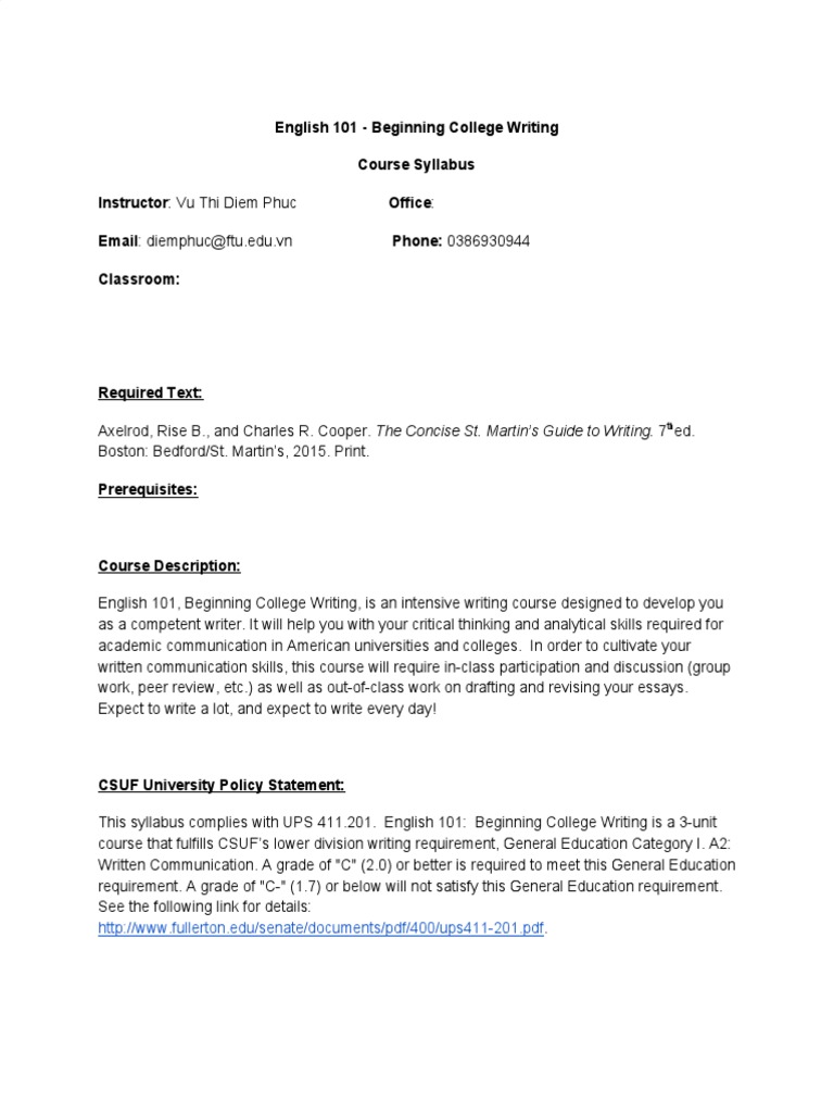 Syllabus English 101 - Beginning College Writing | PDF | Essays | Thesis