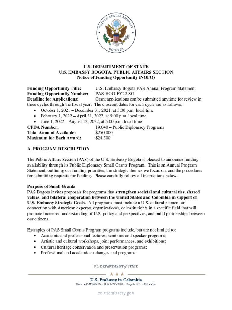 U.S. Embassy Bogota Grant Opportunity | PDF | Goal | Colombia