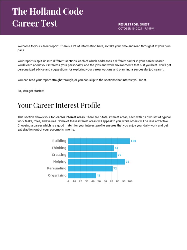 Free Holland Code Assessment Report | PDF | Physical Therapy | Teachers