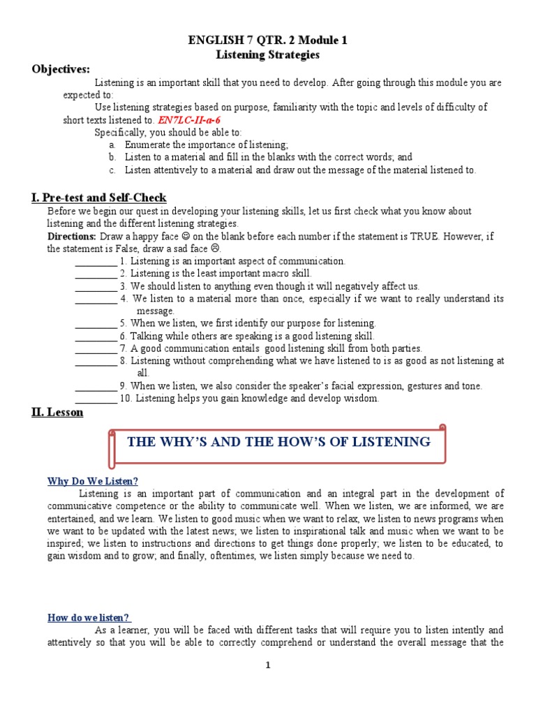 English 7 QTR 2 Module 1 Listening Strategies | PDF | Learning ...