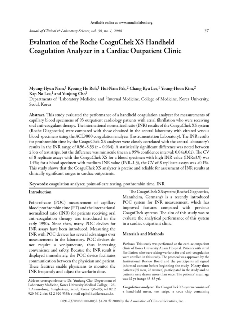 Evaluation of The Roche Coaguchek Xs Handheld Coagulation Analyzer in A ...