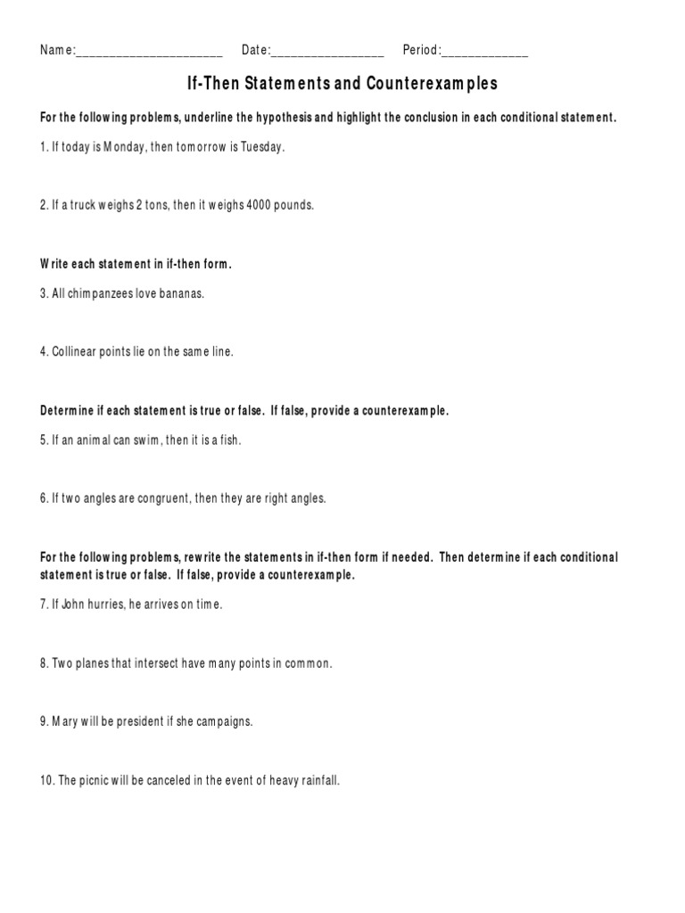 If Then Statements and Counterexamples Worksheet | PDF