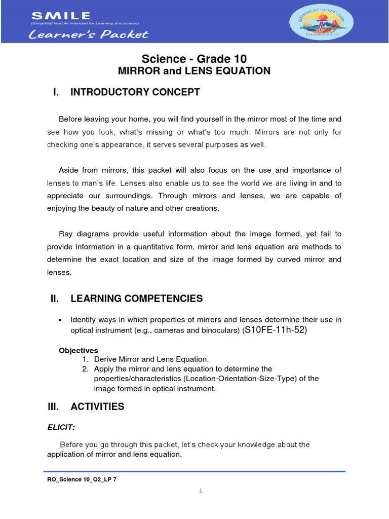 Science - Grade 10: Mirror and Lens Equation | PDF | Mirror | Glass ...