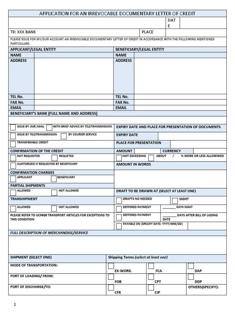 Irrevocable Documentary Credit Application | PDF | Letter Of Credit ...
