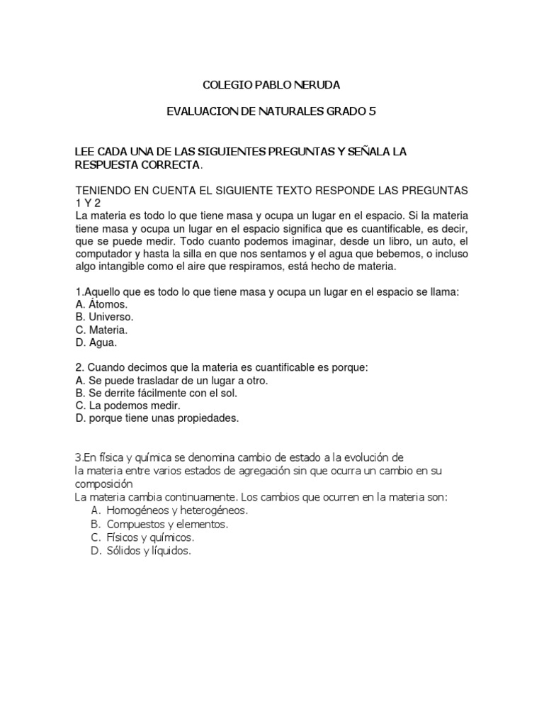 Evaluación sobre la Materia 5° Primaria | PDF | Importar | Líquidos