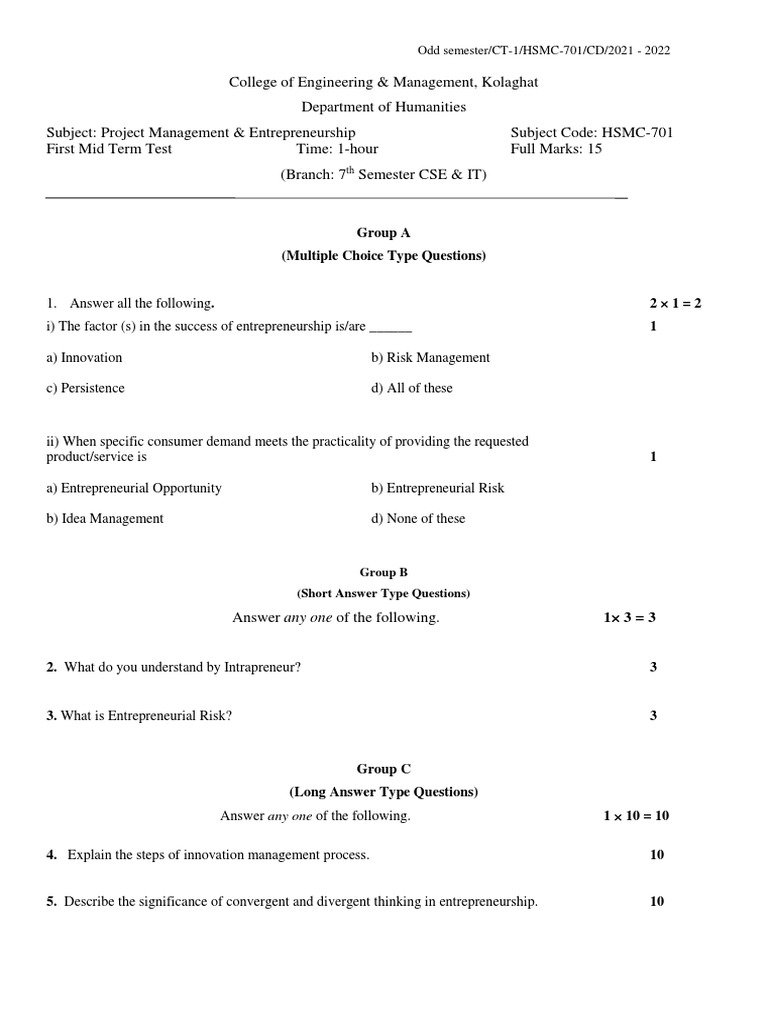 Odd semester/CT-1/HSMC-701/CD/2021 - 2022: Group B (Short Answer Type Questions) | PDF | Art