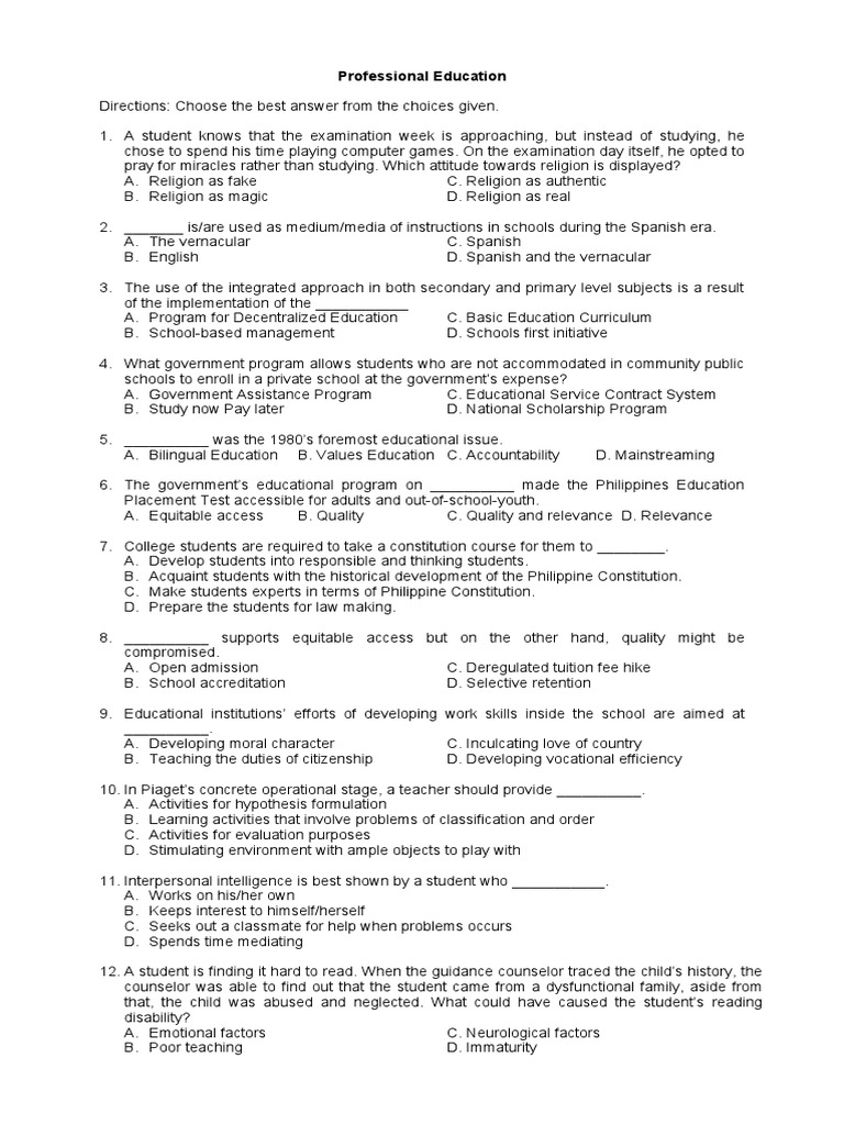 Professional Education Multiple Choice Exam | PDF | Mean | Median