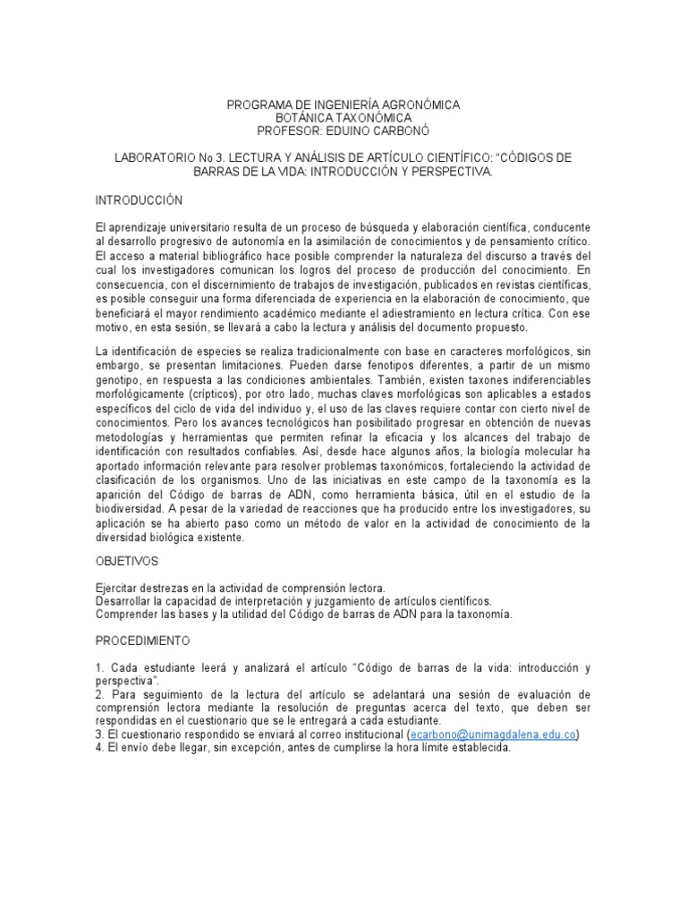 Laboratorio 3. Códigos de Barras de ADN (No Presencial) | PDF | Comprensión lectora | Biología