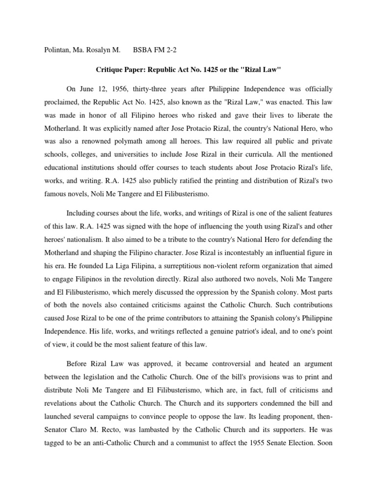 Critique of the Rizal Law (R.A. 1425) | PDF | Philippines