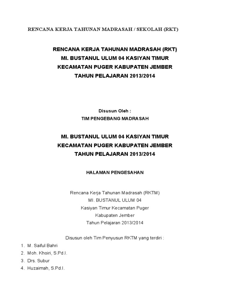 Contoh Rencana Kerja Tahunan Madrasah | PDF