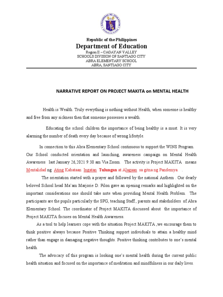 Narrative On Mental Health Awareness Project Makita | PDF | Mental ...