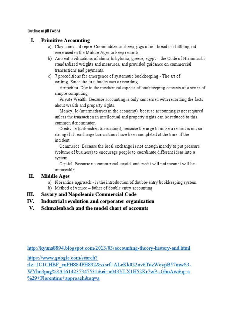 I. Primitive Accounting: Outline Ni Jill FABM | PDF