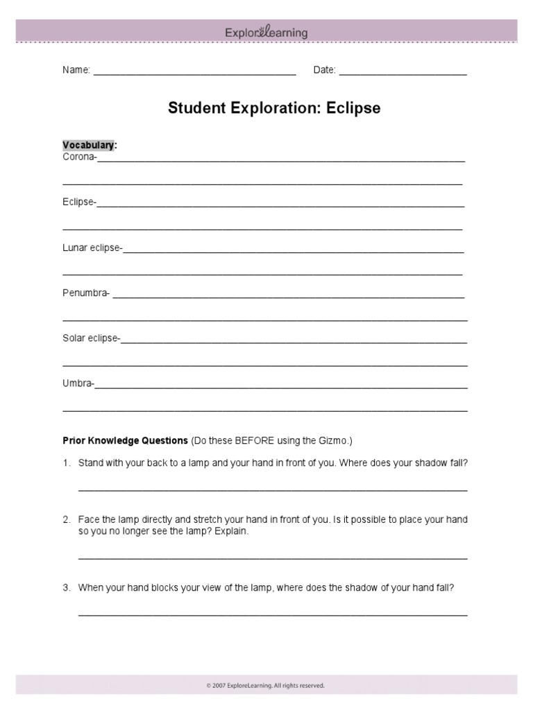 Student Exploration: Eclipse: Vocabulary | Download Free PDF | Eclipse ...