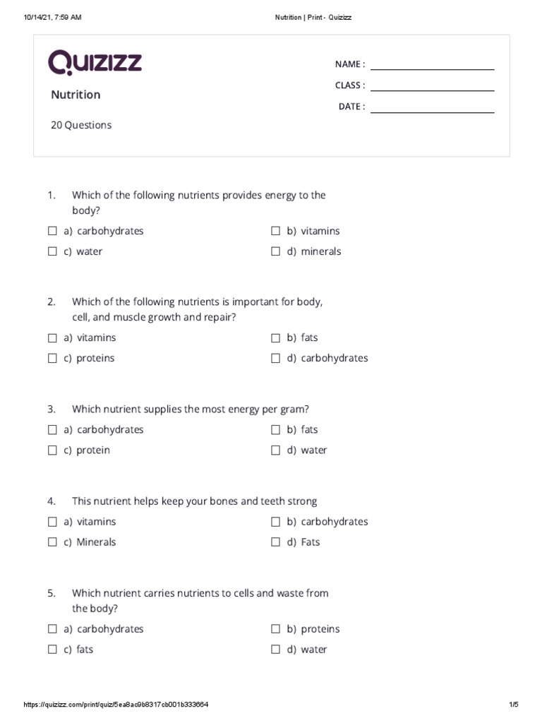Nutrition Quiz | PDF | Human Nutrition | Nutrients