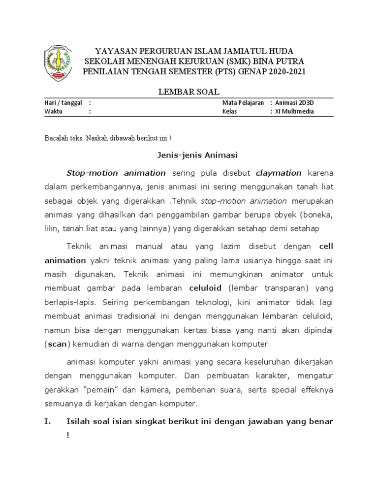 Soal XI MM PTS Ganjil Animasi Literasi 2D3D Nurdin | PDF