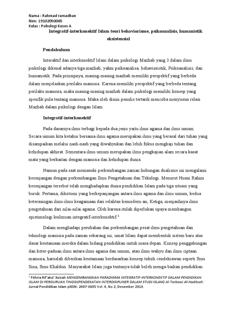 Integratif-Interkonektif Islam Teori Behaviorisme, Psikoanalisis, Humanistik Eksistensial ...