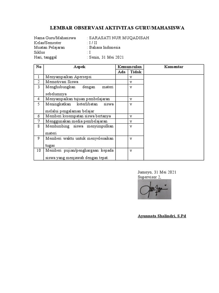 10 Lampiran Lembar Observasi Kinerja Guru (Terisi) | PDF