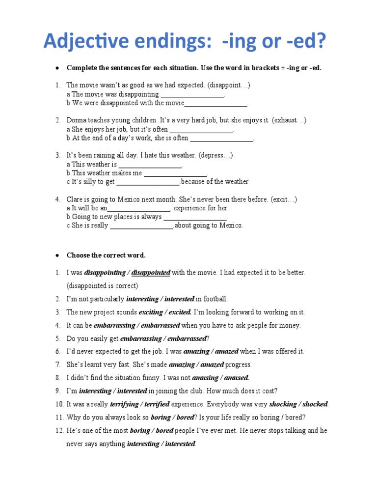 Ed and Ing Adjective Exercises | PDF | Language Arts & Discipline ...