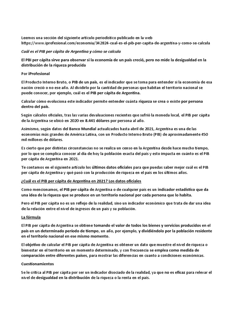 Actividad Práctica PBI Y Per Capita | PDF | Producto Interno Bruto | Economias