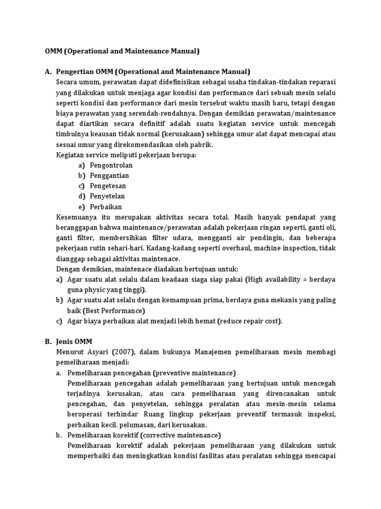 OMM (Operational and Maintenance Manual) A. Pengertian OMM (Operational ...