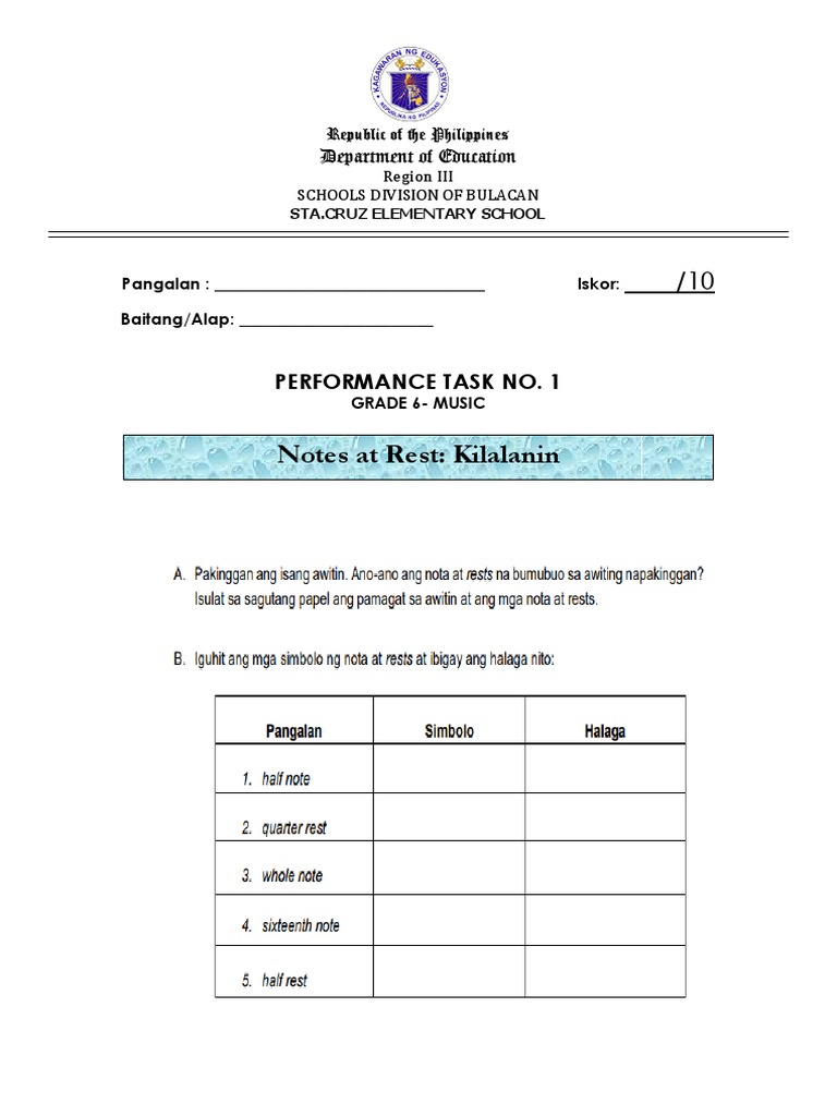 Grade 6 Music Performance Task Rubric | PDF