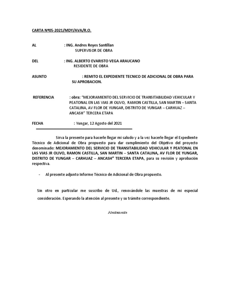Carta 05 Propuesto para Adicional de Obra | PDF | Presupuesto