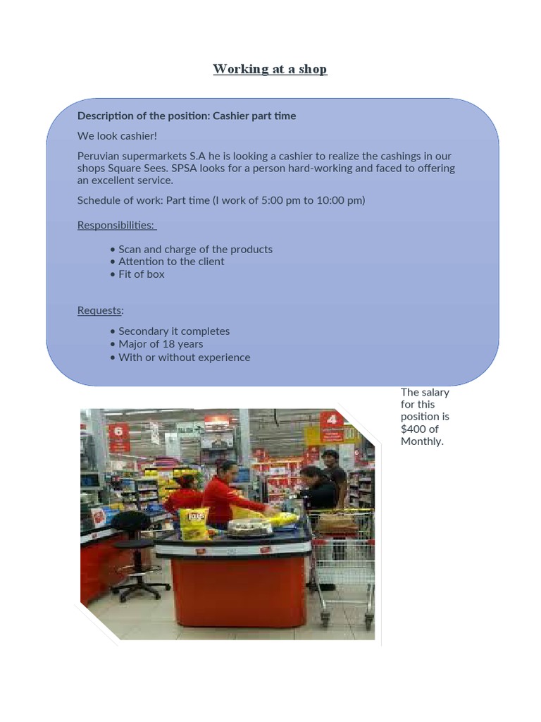 Working at A Shop: Description of The Position: Cashier Part Time | PDF