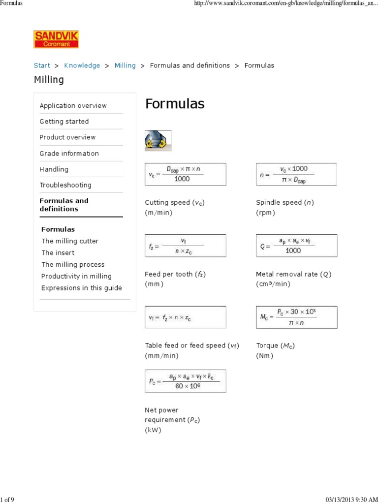 Cutting Formulas | PDF | Mechanical Engineering | Building Materials
