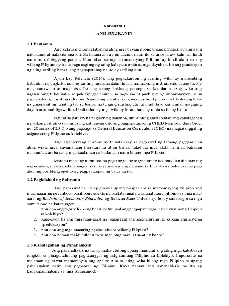 PANANALIKSIK Pagtanggal NG Asignaturang Filipino | PDF