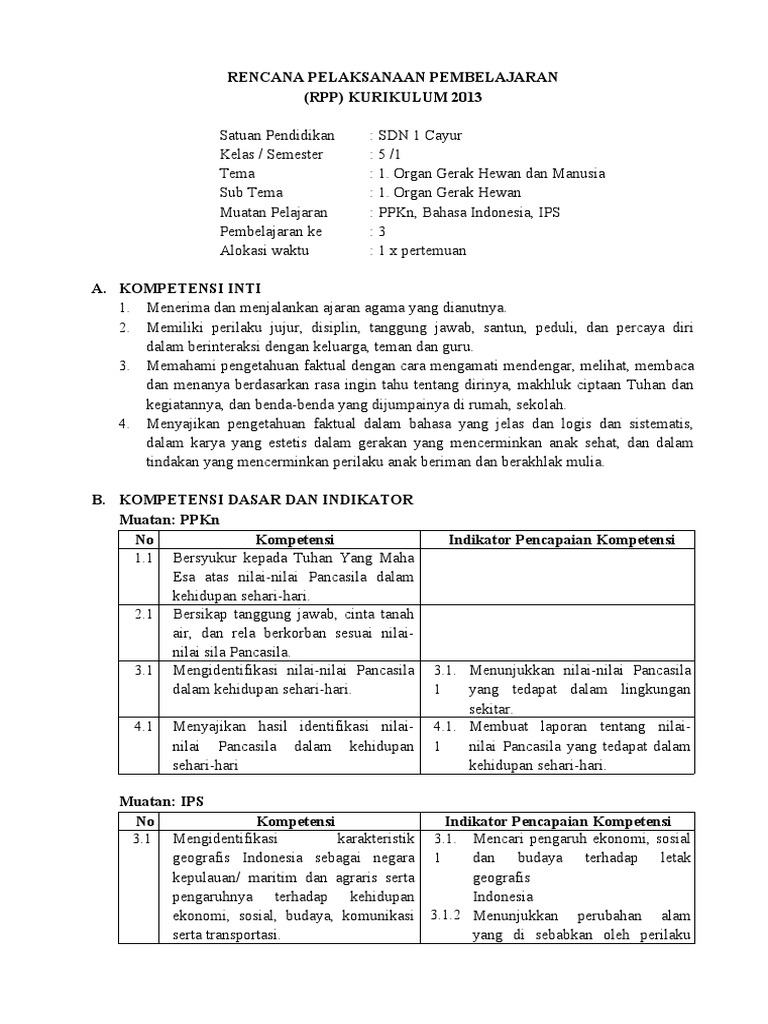 RPP KELAS 5 Tema 1 Subtema 1 | PDF