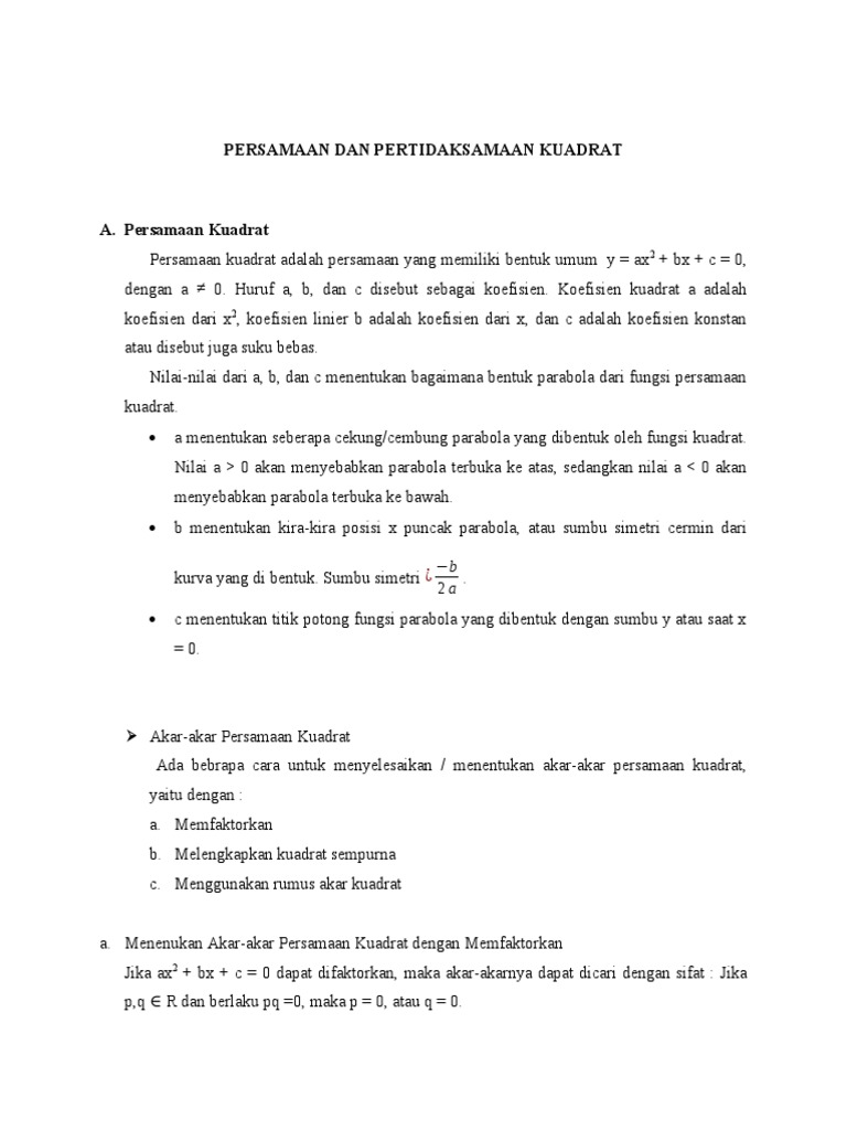 Persamaan Dan Pertidaksamaan Kuadrat | PDF