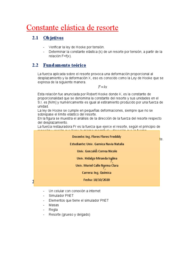 Determinación de la constante elástica del resorte | PDF | Fuerza ...