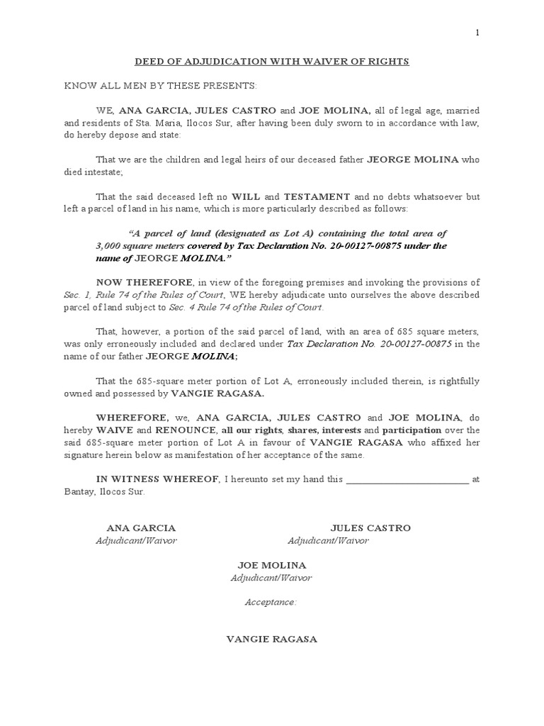 Deed of Adjudication With Waiver | PDF | Legal Documents | Property