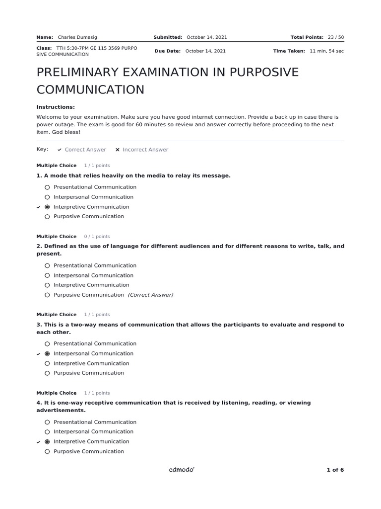 Sample PRELIMINARY EXAMINATION IN PURPOSIVE COMMUNICATION | PDF | Communication | Interpersonal ...