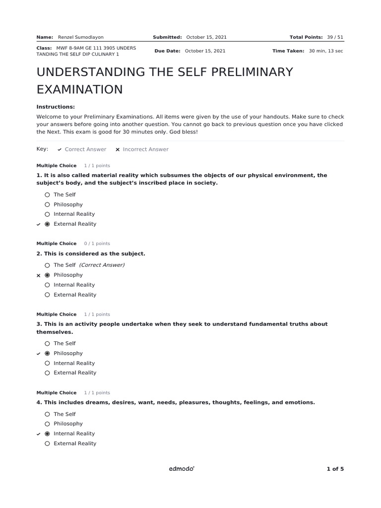 Understanding The Self Preliminary Examination | PDF | Reality | Reason