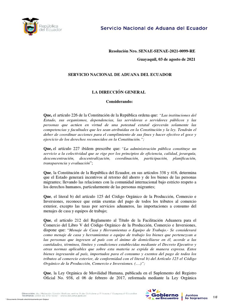 Senae Senae 2021 0099 Re | PDF | Ecuador | aduana