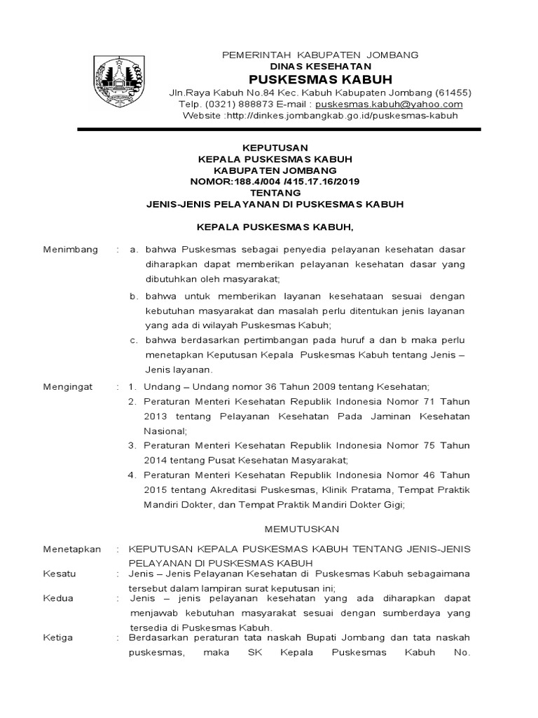 SK JENIS-JENIS PELAYANAN DI PUSKESMAS KABUH Terbaru | PDF | Pengembangan Diri