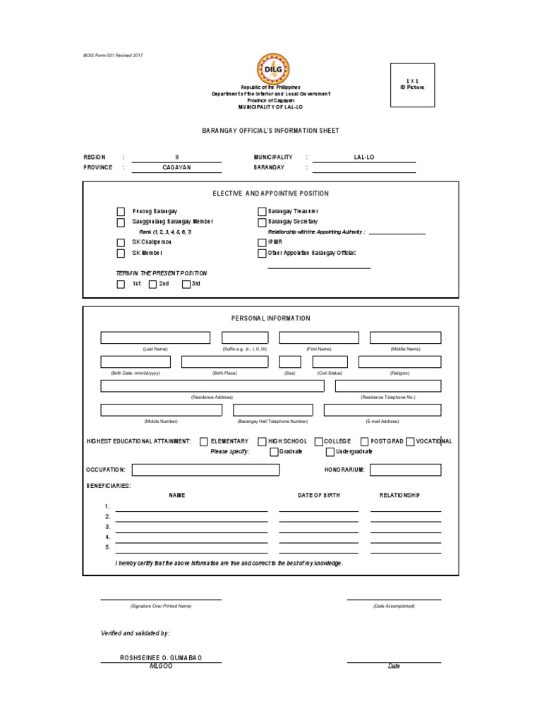 Barangay Official'S Information Sheet: II Lal-Lo Cagayan | PDF