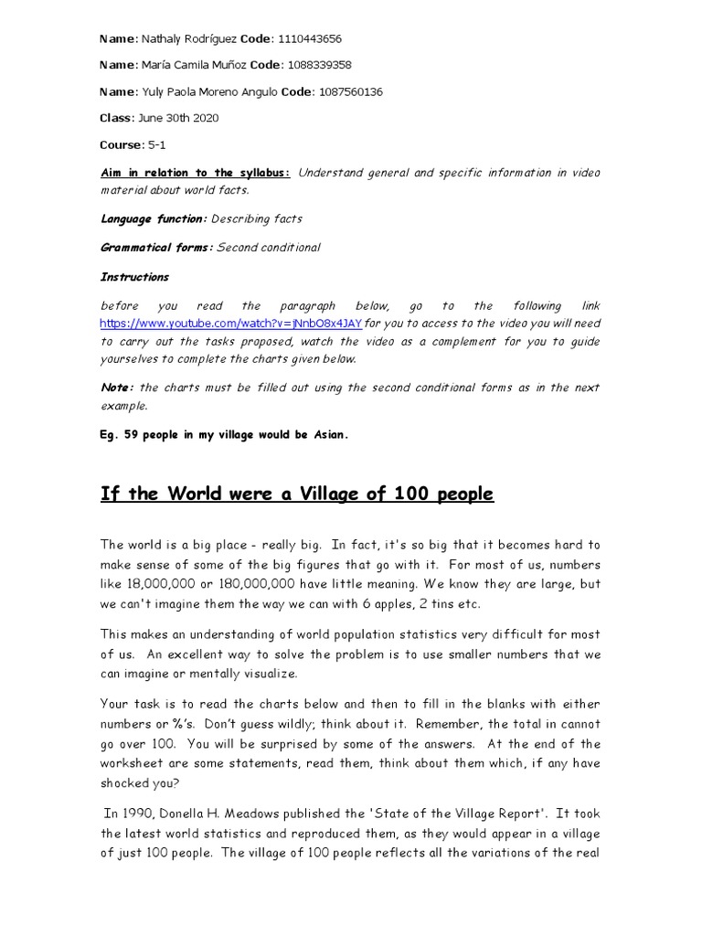 Listening and Reading Task, If The World Were A Village of 100 People 1 ...