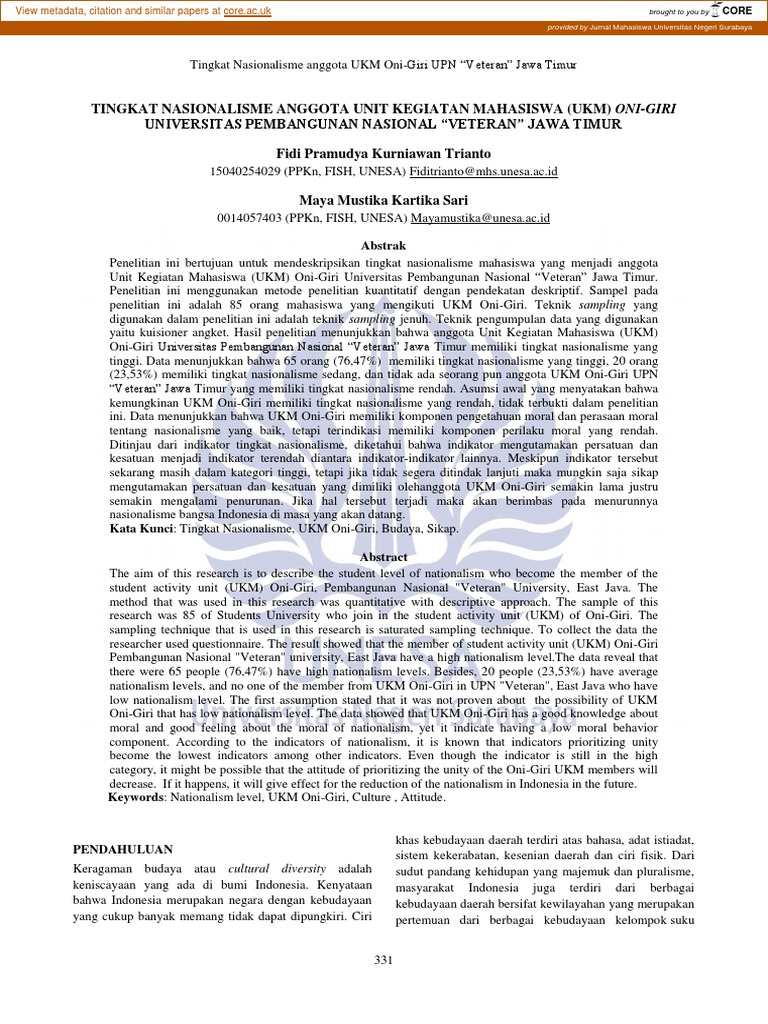 TINGKAT NASIONALISME MAHASISWA UKM ONI-GIRI UPN 'VETERAN' JAWA TIMUR | PDF