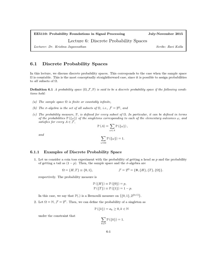 Lecture 6: Discrete Probability Spaces | PDF | Probability Distribution | Measure (Mathematics)