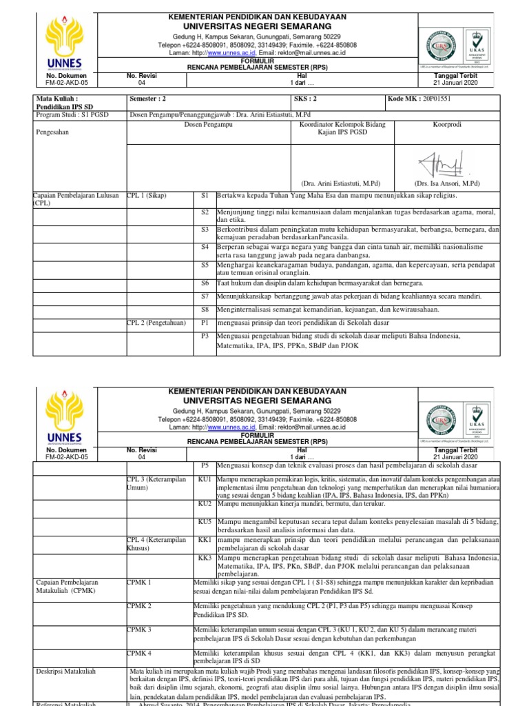 RPS Pendidikan IPS SD UNNES | PDF