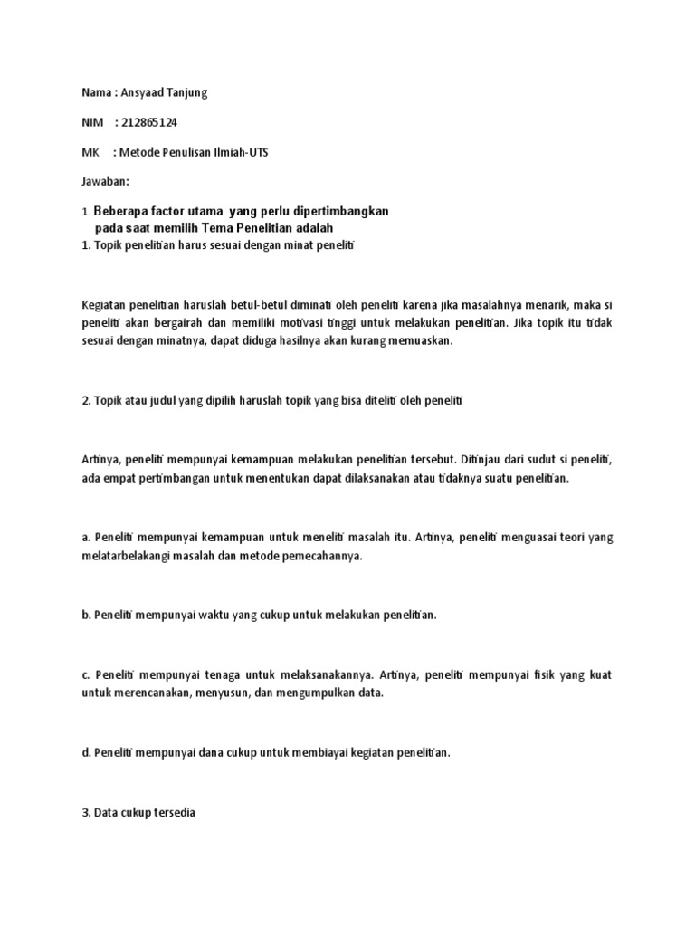 UTS Metode Penulisan Ilmiah Ansyaad Tanjung (212865124) | PDF