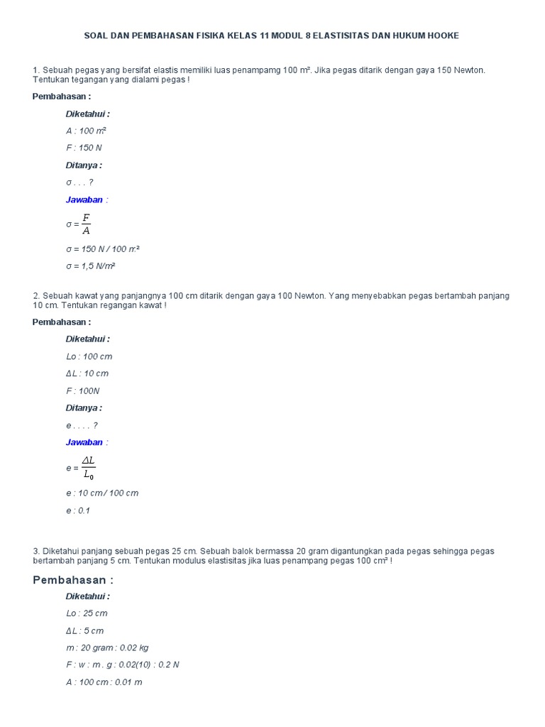 Soal Dan Pembahasan Fisika Kelas 11 Modul 8 Elastisitas Dan Hukum Hooke | PDF