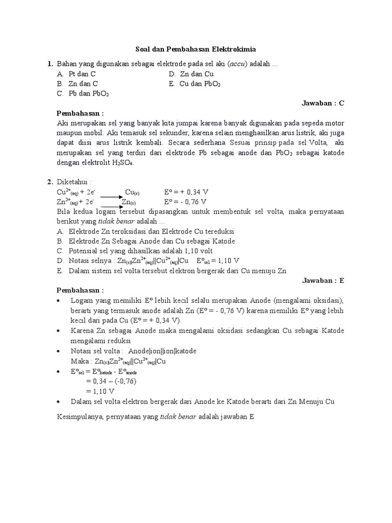 Soal Dan Pembahasan Elektrokimia Dan Elektrolisis | PDF