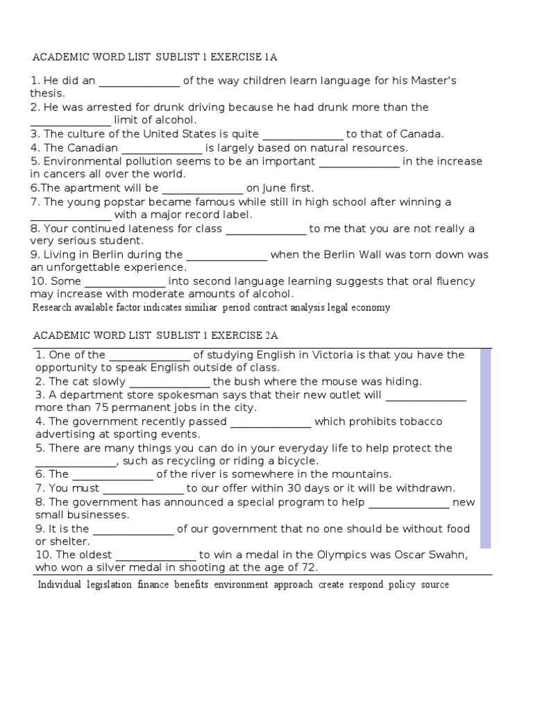 Academic Word List Sublist 1 Exercise 1a | PDF